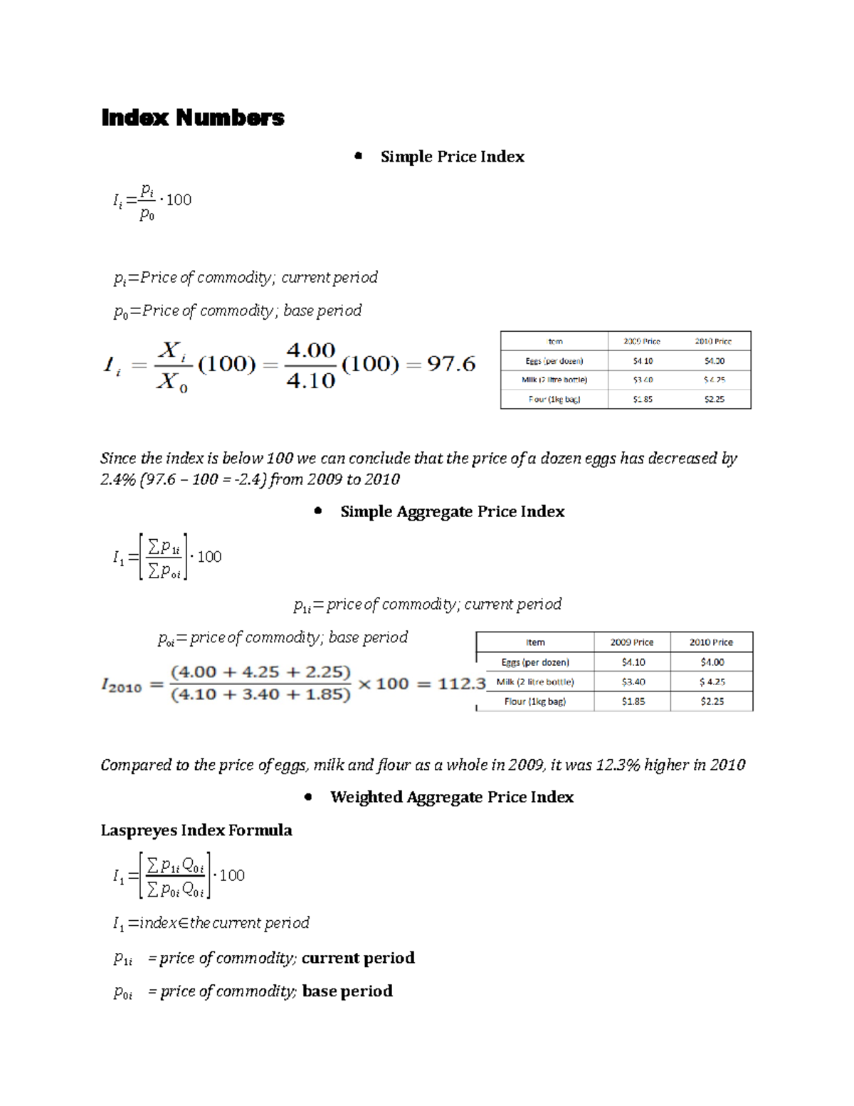 Index Numbers - Summary Statistics for Business - Index Numbers Simple ...
