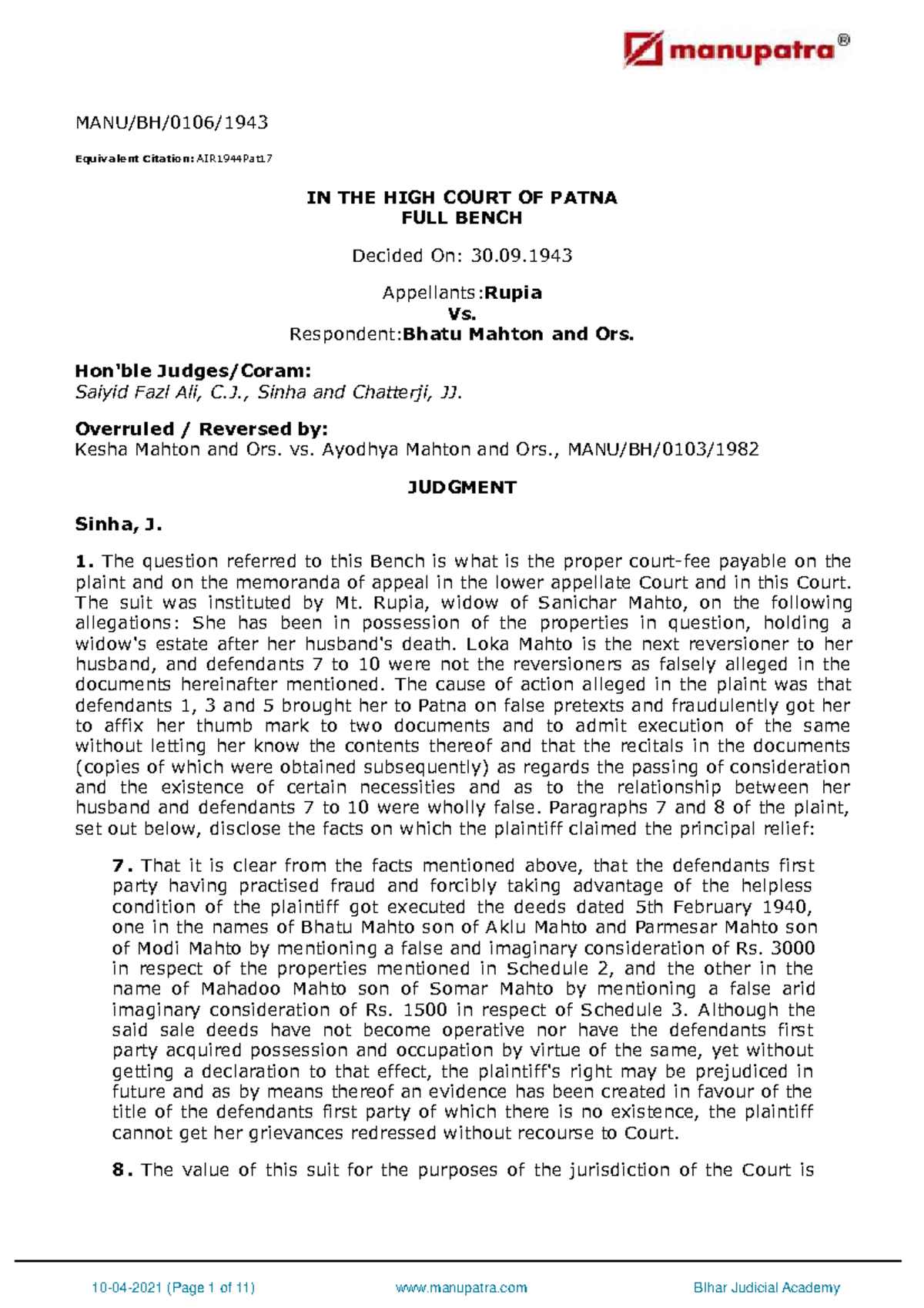 237 - Jsnnss - MANU/BH/0106/ Equivalent Citation: AIR1944Pat IN THE ...