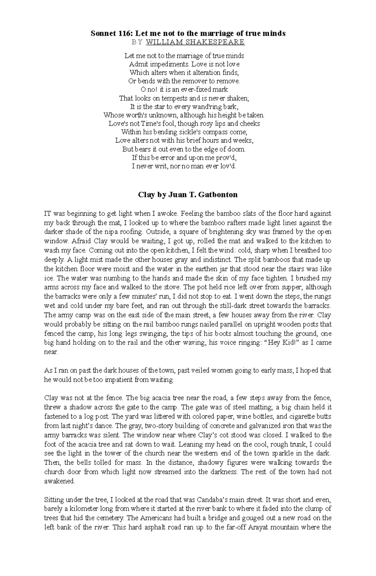 Sonnet 116 and Clay - For English major students - Sonnet 116: Let me ...