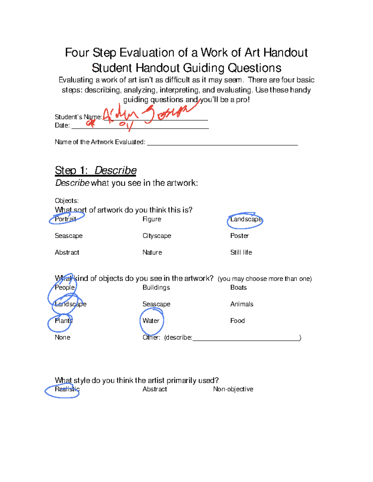 File - school work - Four Step Evaluation of a Work of Art Handout ...