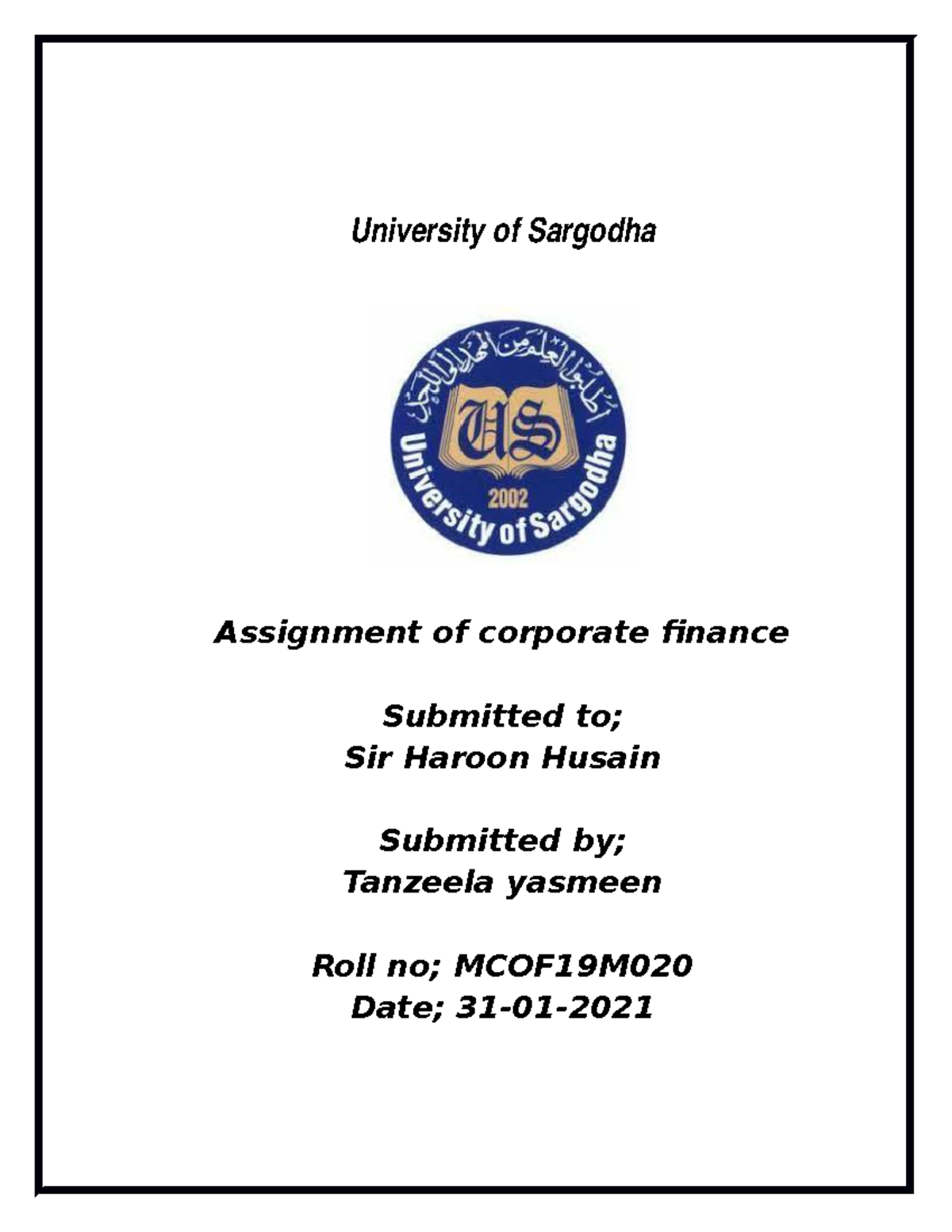 (MCOF19M020) CF assignment - Uni versi ty of Sargodha Assignment of ...