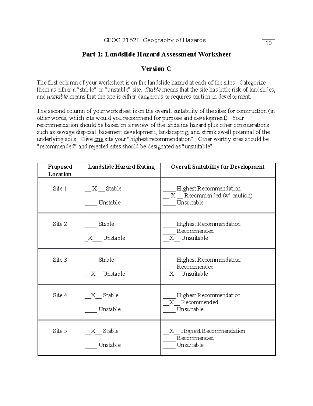 Worksheets - Version C (asn 2) - GEOG 2152F: Geography of Hazards Part ...