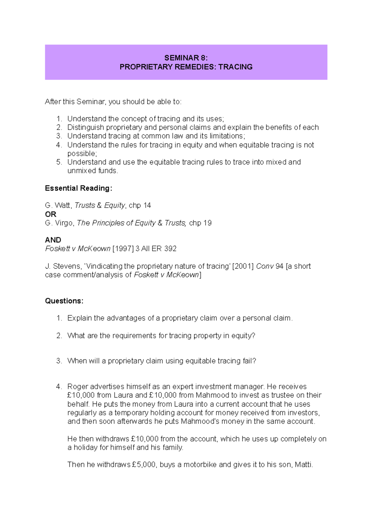 Seminar 8 Seminar 8 trust. - SEMINAR 8: PROPRIETARY REMEDIES: TRACING ...