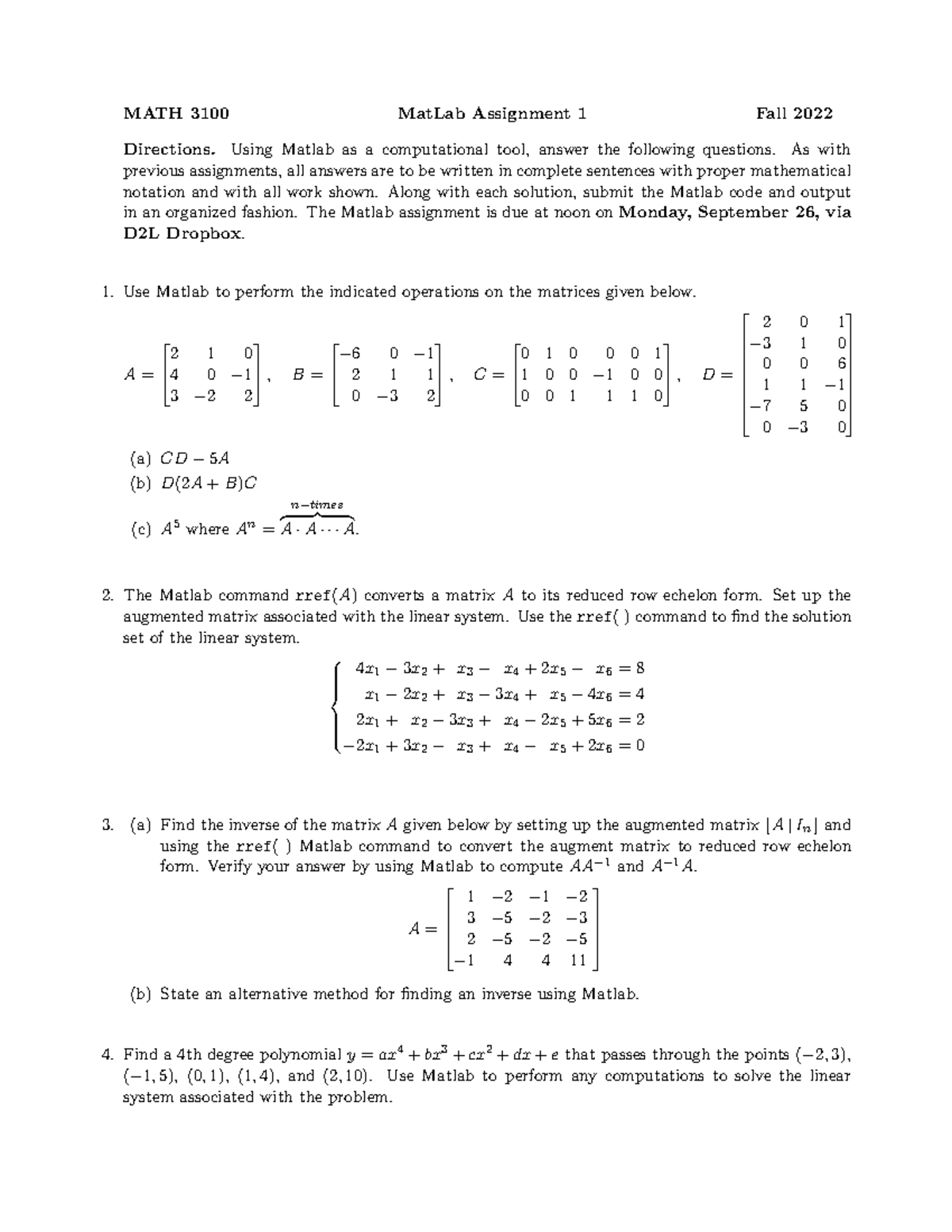 Fall2022Math3100Mat Lab Assignment 01-2 - MATH 3100 MatLab Assignment 1 Fall 2022 Directions ...