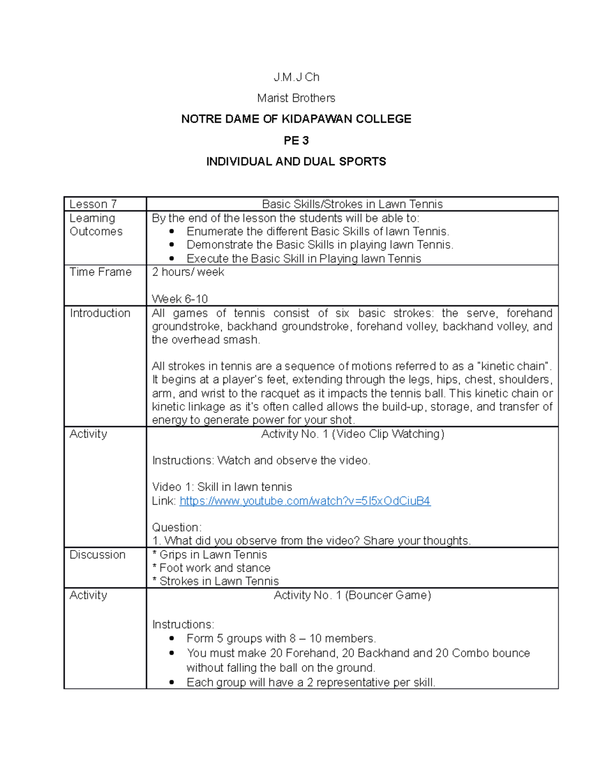 Lesson 7 - Basic Strokes in Lawn Tennis - J.M Ch Marist Brothers NOTRE ...