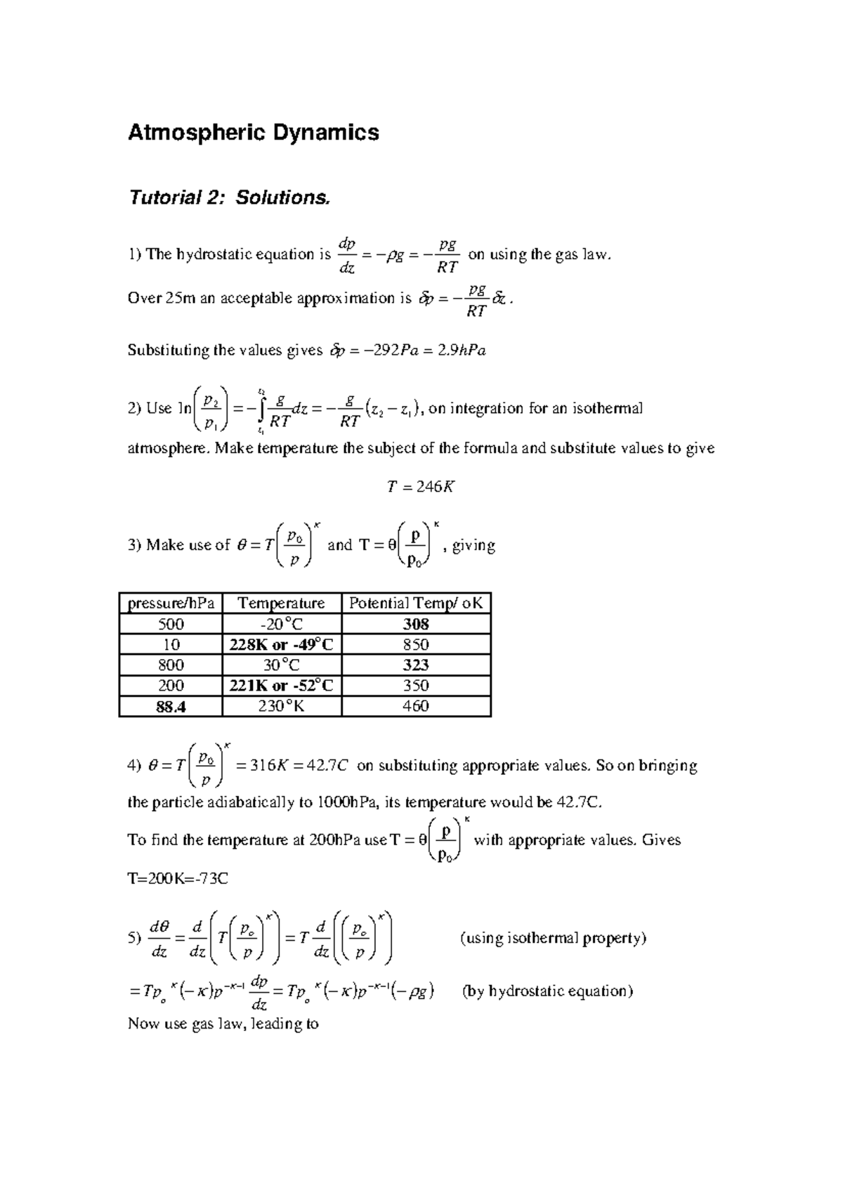 Tutorial 02 Solutions Chapter 02 Atmospheric Dynamics Tutorial 2 Solutions Dp Pg On Using