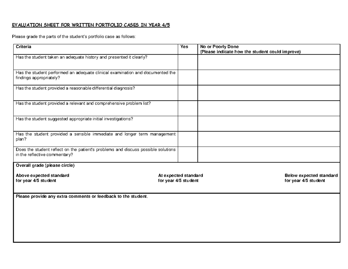 Evaluation sheet clinical - Please grade the parts - Studocu
