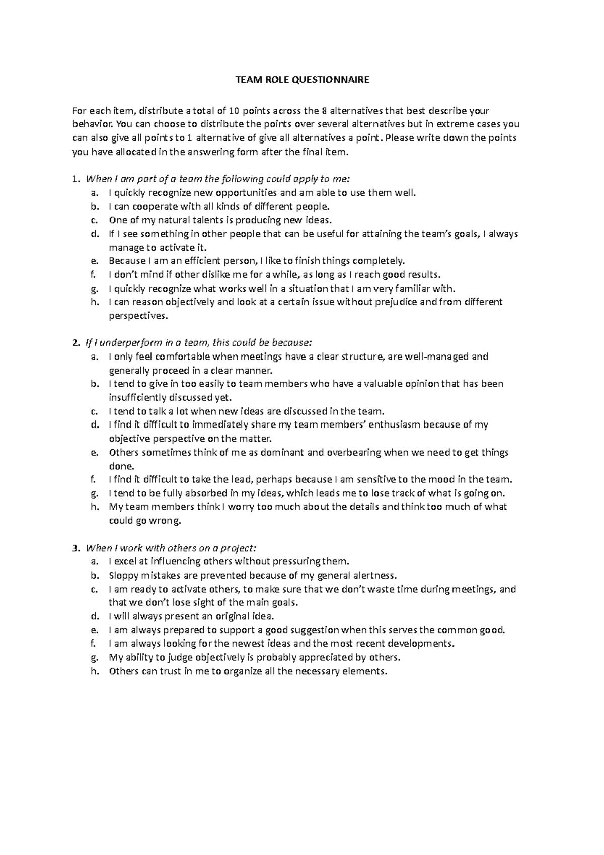 Team Role Questionnaire - TEAM ROLE QUESTIONNAIRE For each item ...
