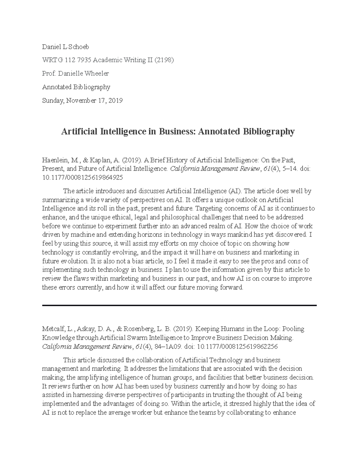 Annotated Bibliography - Academic Writing - Daniel L Schoeb WRTG 112 ...