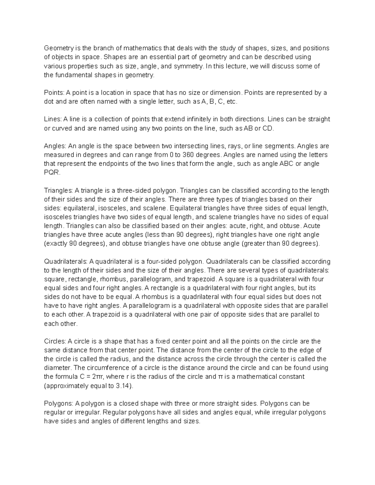 Lecture on Shapes in geometry - Geometry is the branch of mathematics ...