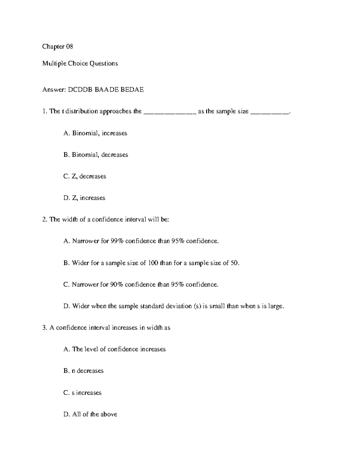 Exam Chapter 08 with answers Business statistics - Chapter 08 Multiple ...