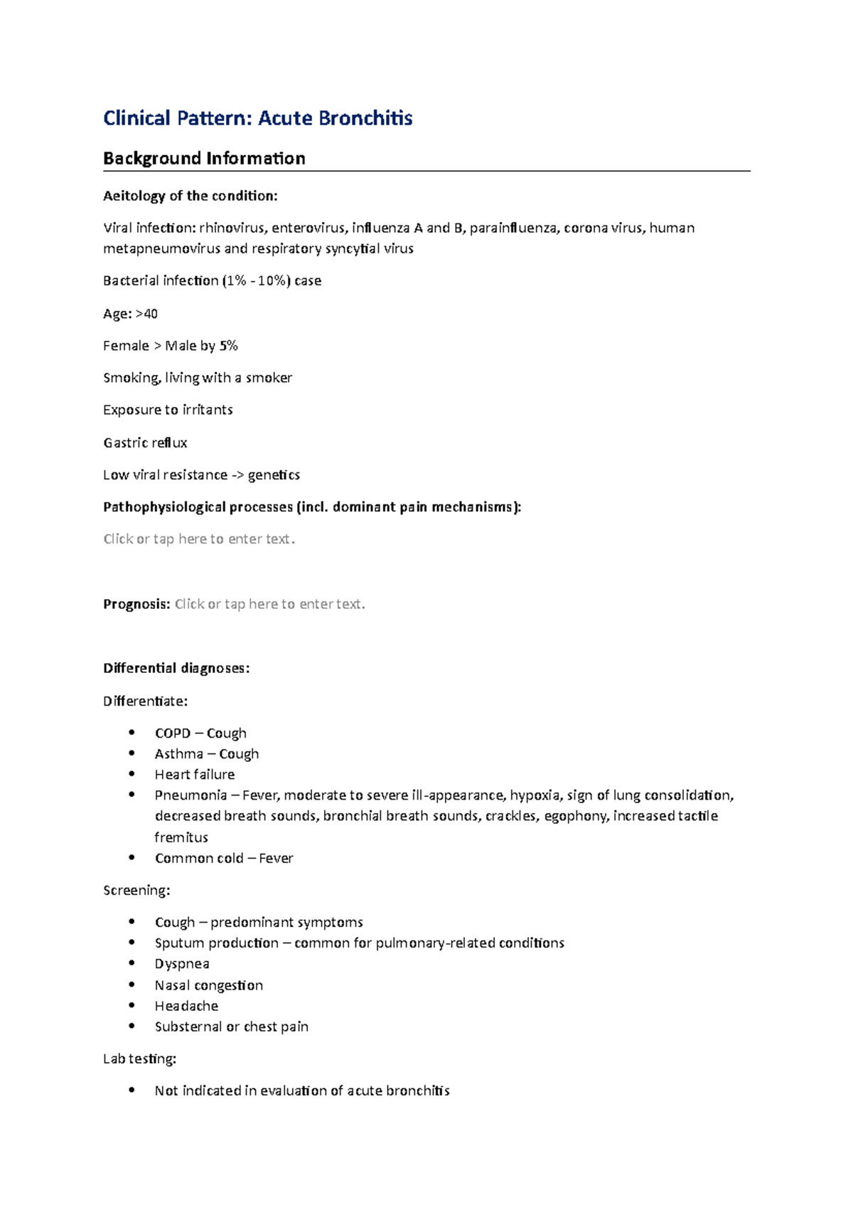 Clinical Pattern Template - Bronchitis - Clinical Pattern: Acute ...