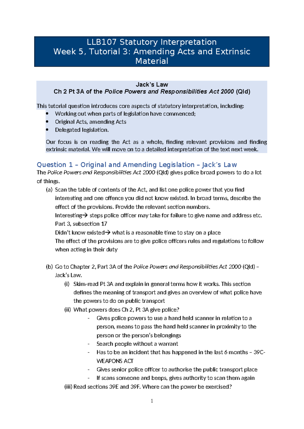 LLB107 Tutorial 3 (Week 5) - LLB107 Statutory Interpretation Week 5, Tutorial 3: Amending Acts ...