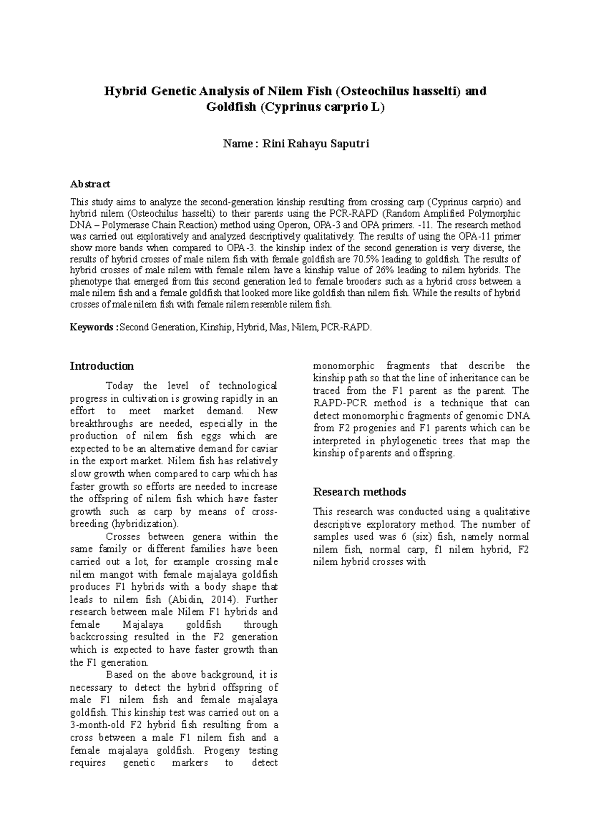 Hybrid Genetic Analysis of Nilem Fish (Osteochilus hasselti) and ...