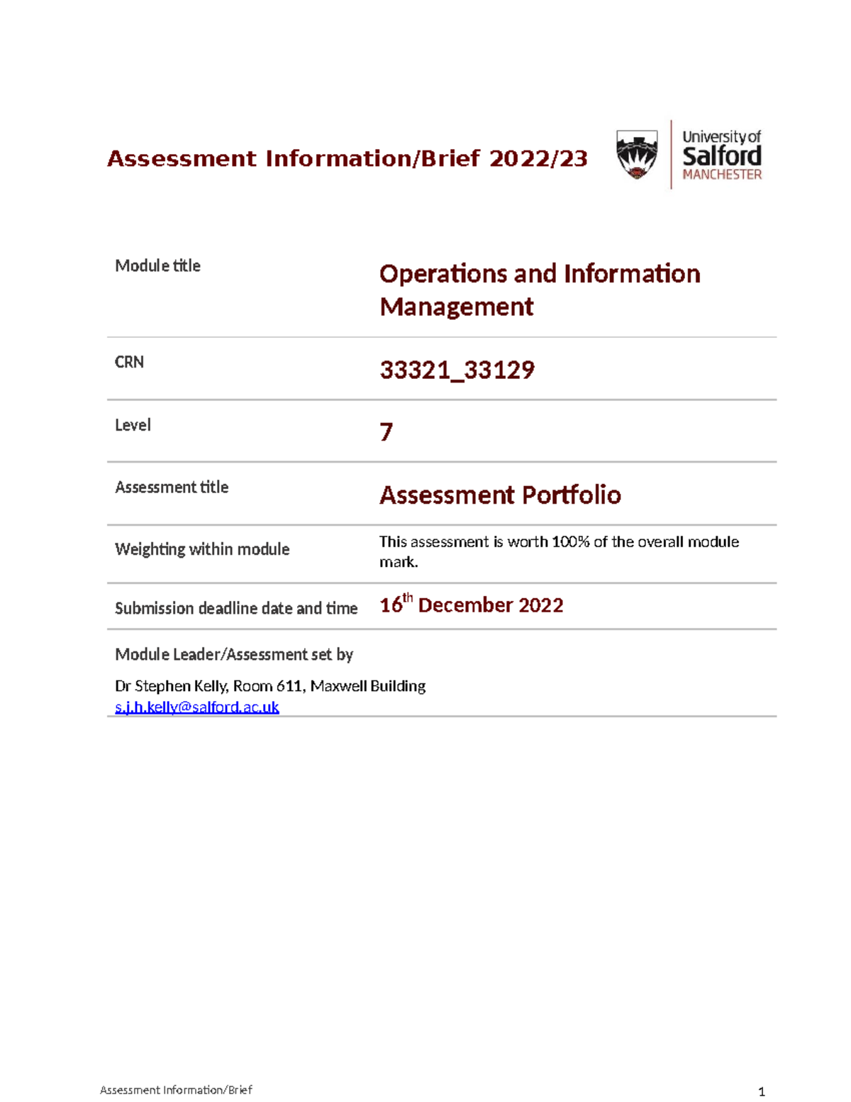 Alpha Co 1 - Assessment Information/Brief 2022/ Module title Operations and Information ...