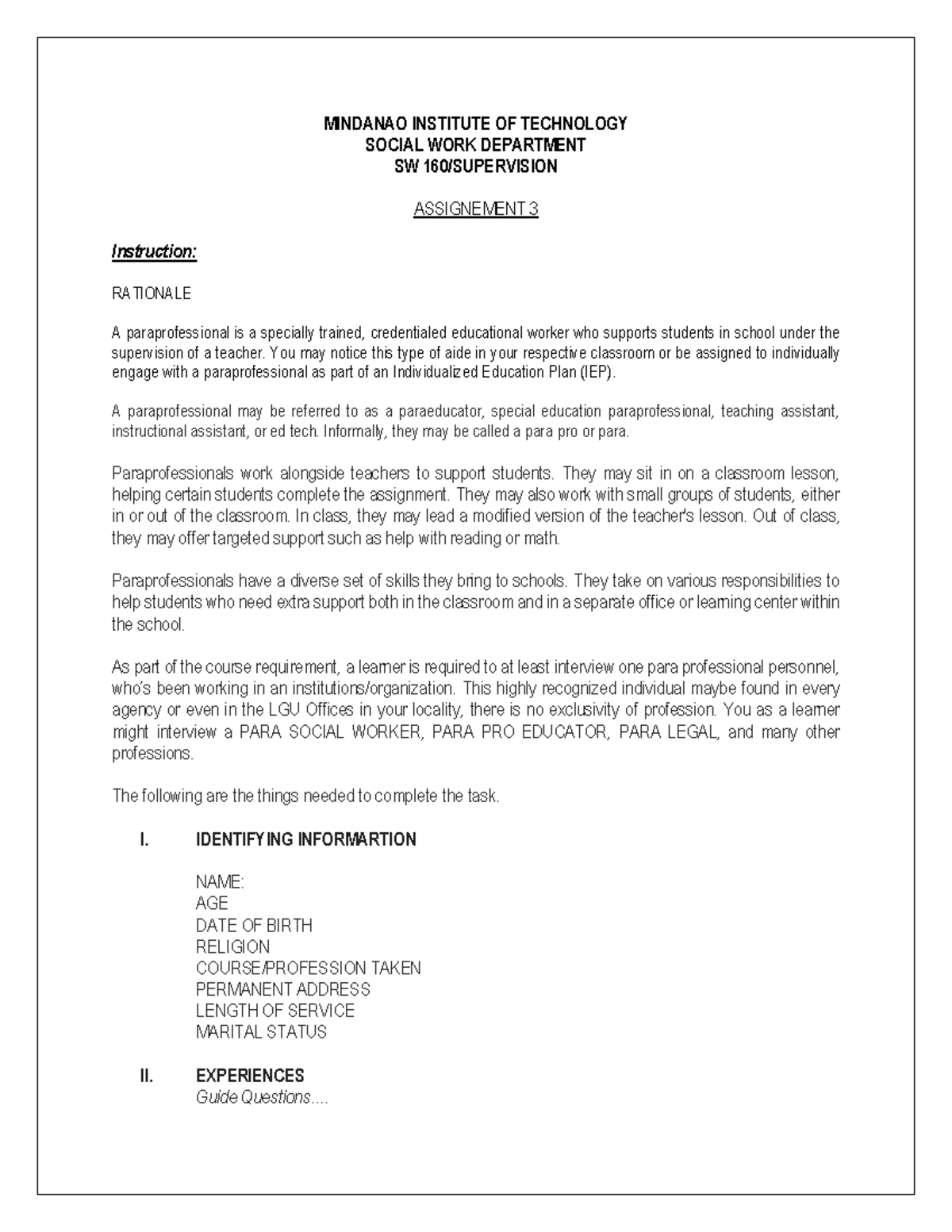 Supervision Assignment 3 - MINDANAO INSTITUTE OF TECHNOLOGY SOCIAL WORK ...