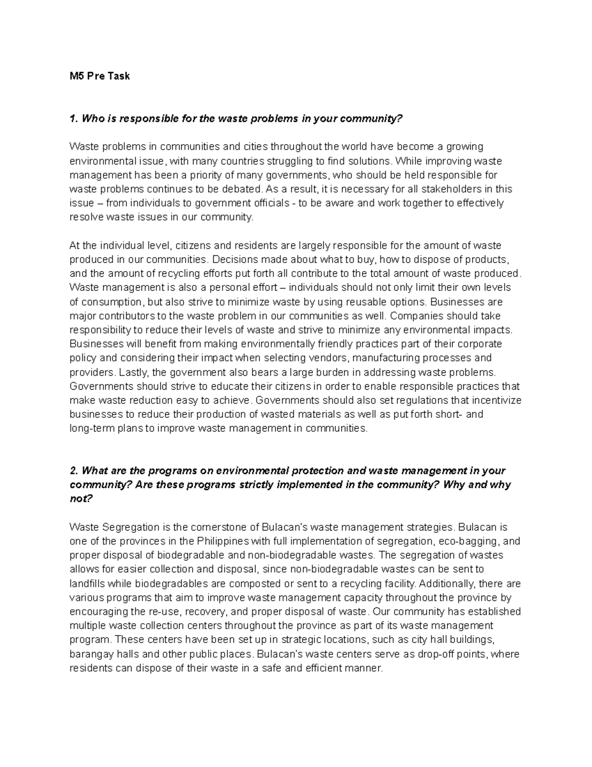 M5 Pre Task - M5 Pre Task - M5 Pre Task Who is responsible for the ...