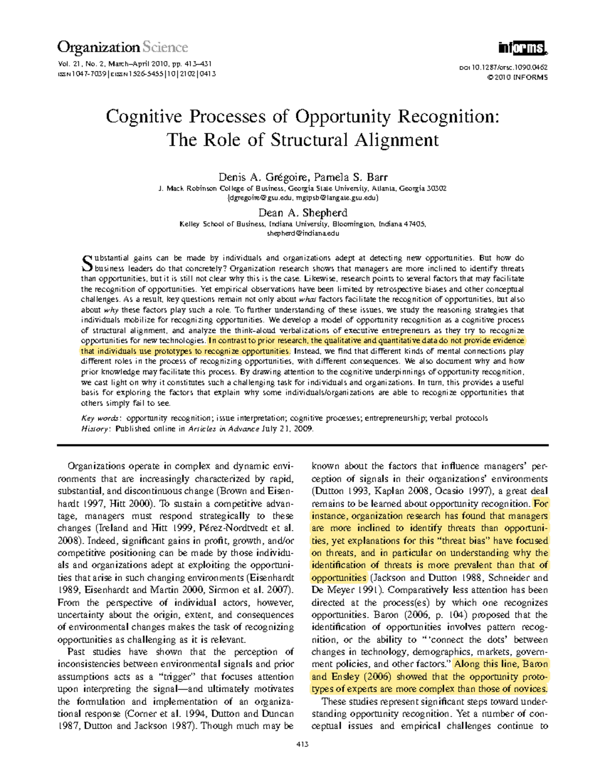 Opp Recognition (OS 2020) - OrganizationScience Vol. 21, No. 2, March ...