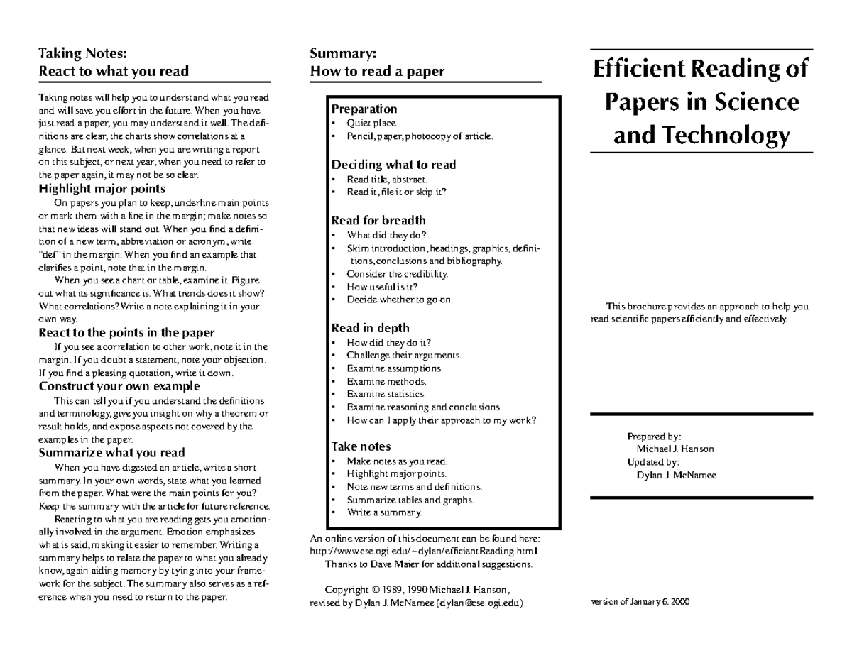 Efficient Reading - Summary: How to read a paper An online version of ...