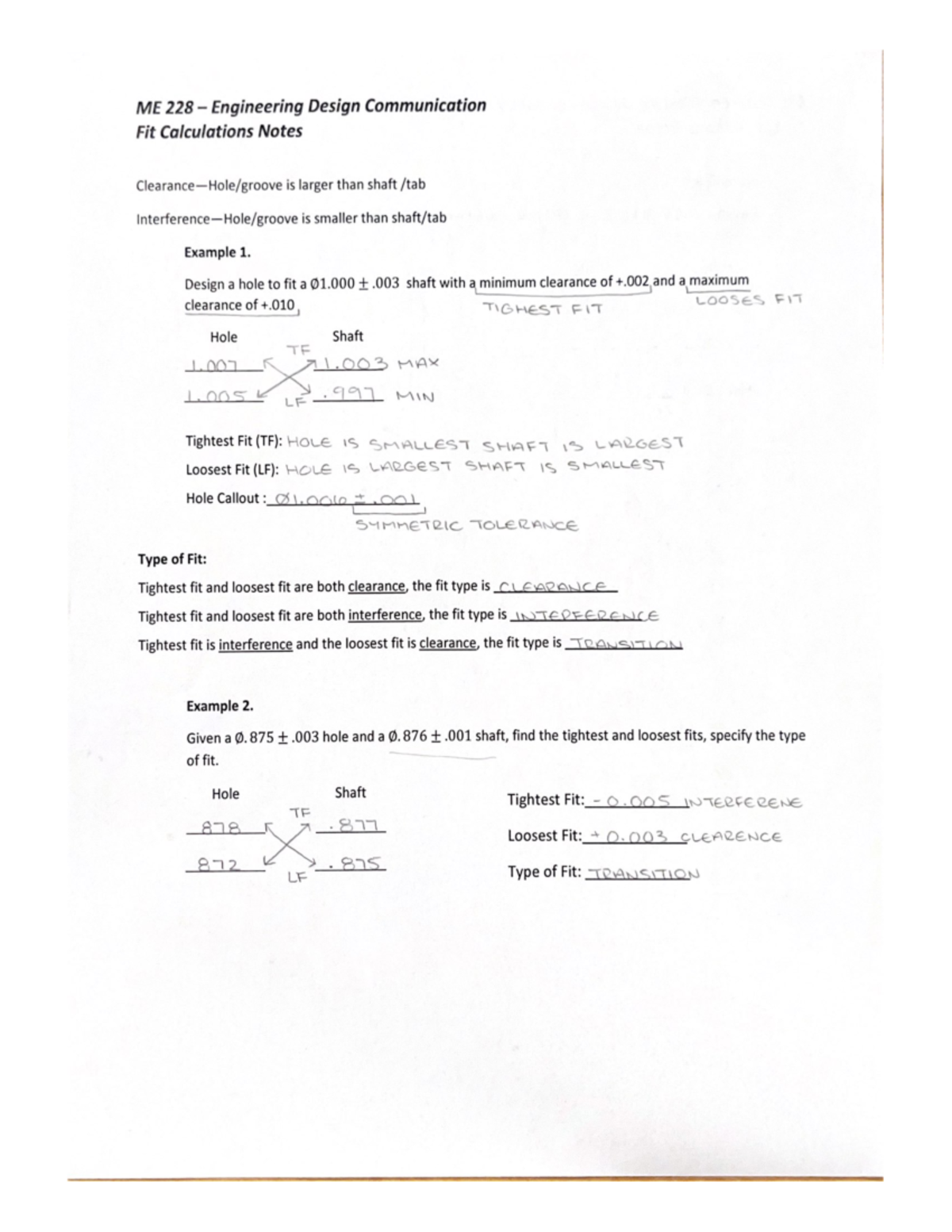 ME 228 - Fit Calculations Notes - ME 228 - Studocu