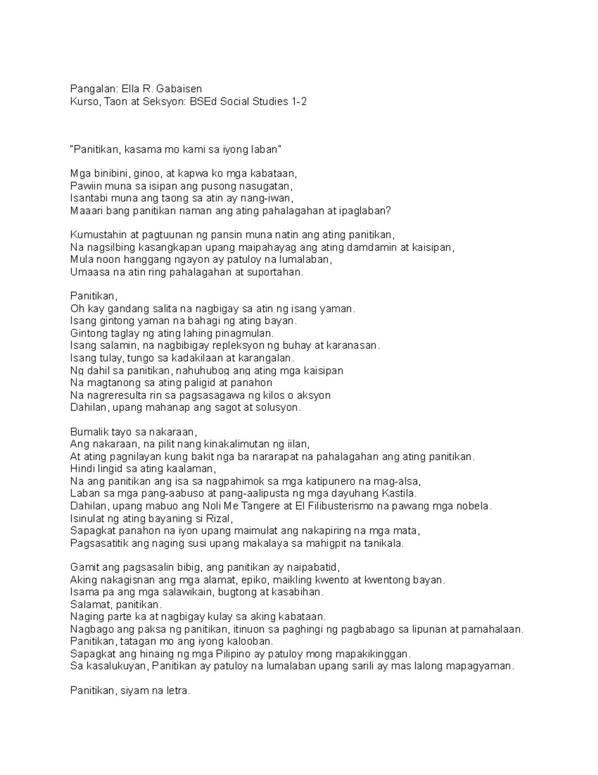 Tulang Pabigkas - Ella R. Gabaisen - Pangalan: Ella R. Gabaisen Kurso ...