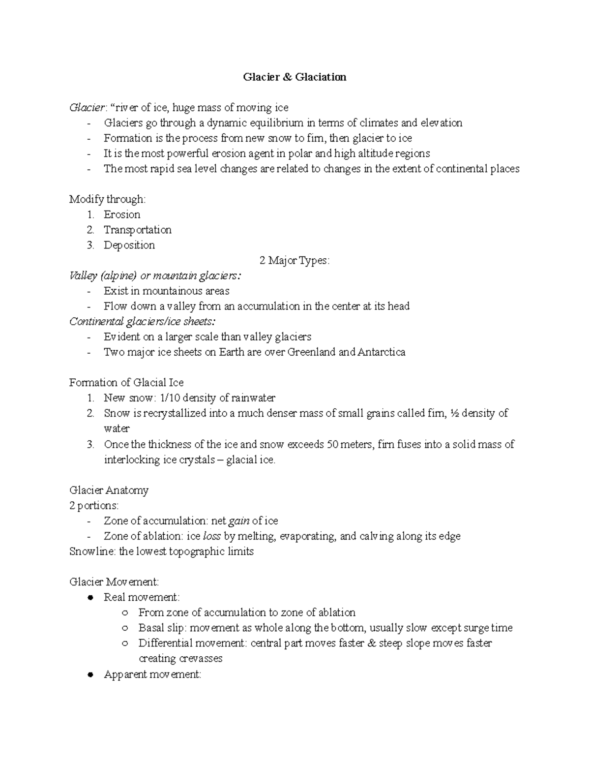 Geology Class Notes Glaciers - Glacier & Glaciation Glacier: “river of ...