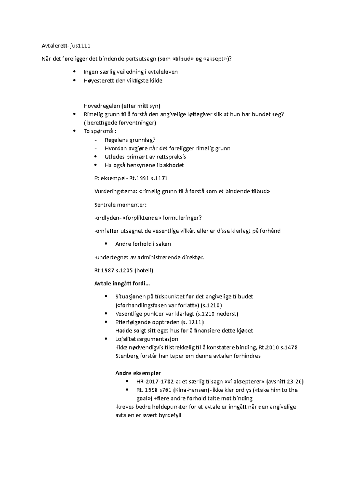 Avtalerett - notater - Avtalerett- jus Når det foreligger det bindende partsutsagn (som «tilbud ...