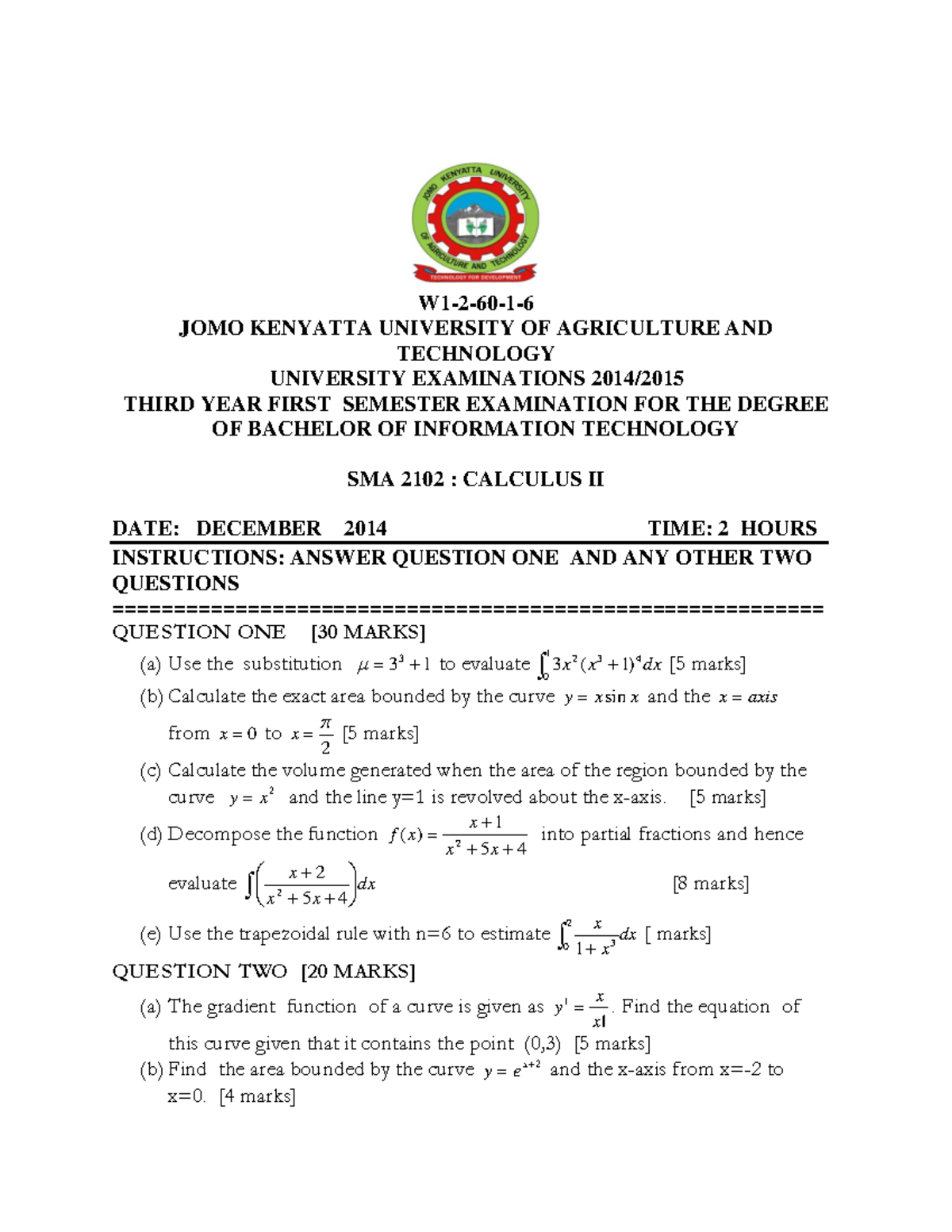 SMA 2102 Calculus II - Mathematics for Sciences - JKUAT - Studocu