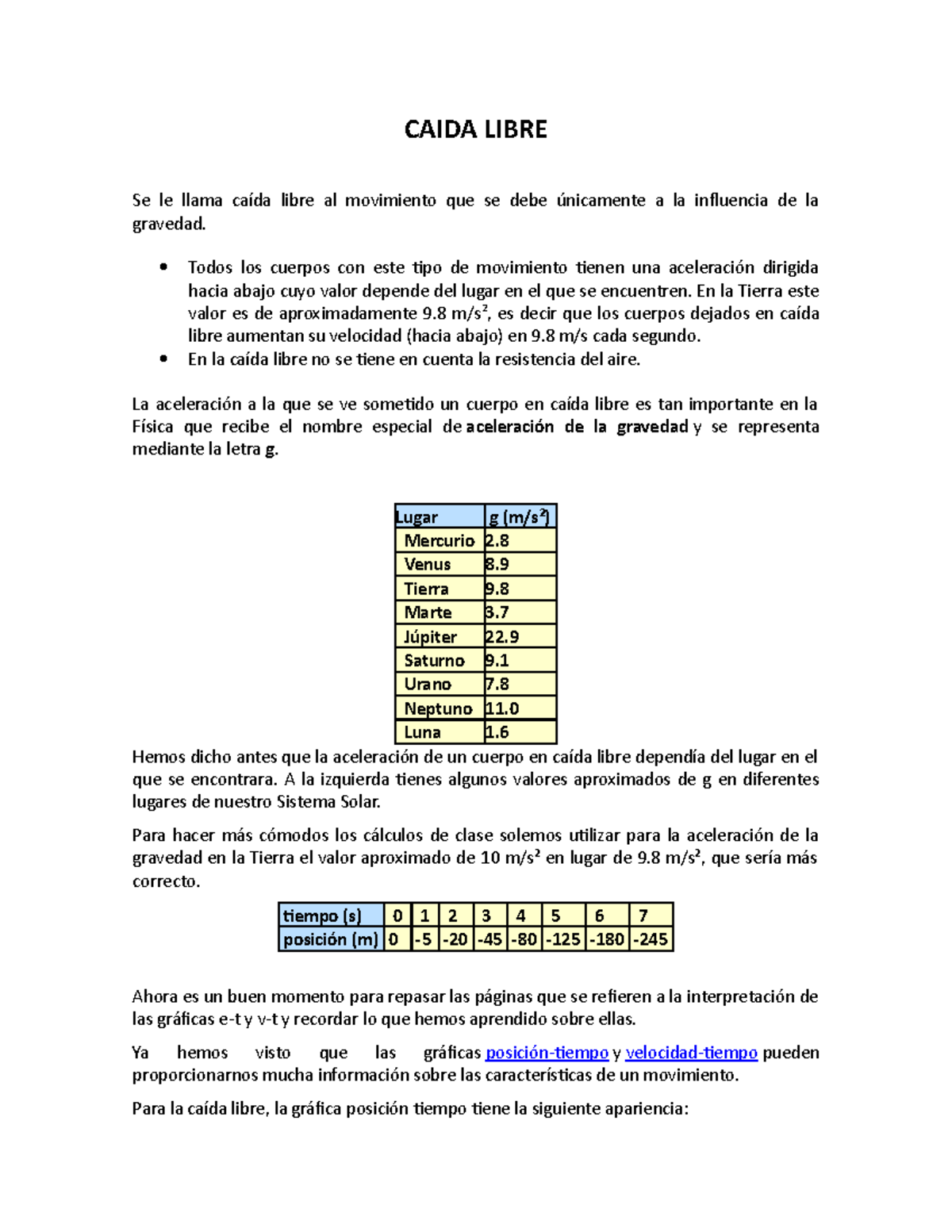 Caida Libre - documento de interes - CAIDA LIBRE Se le llama caída libre al movimiento que se ...