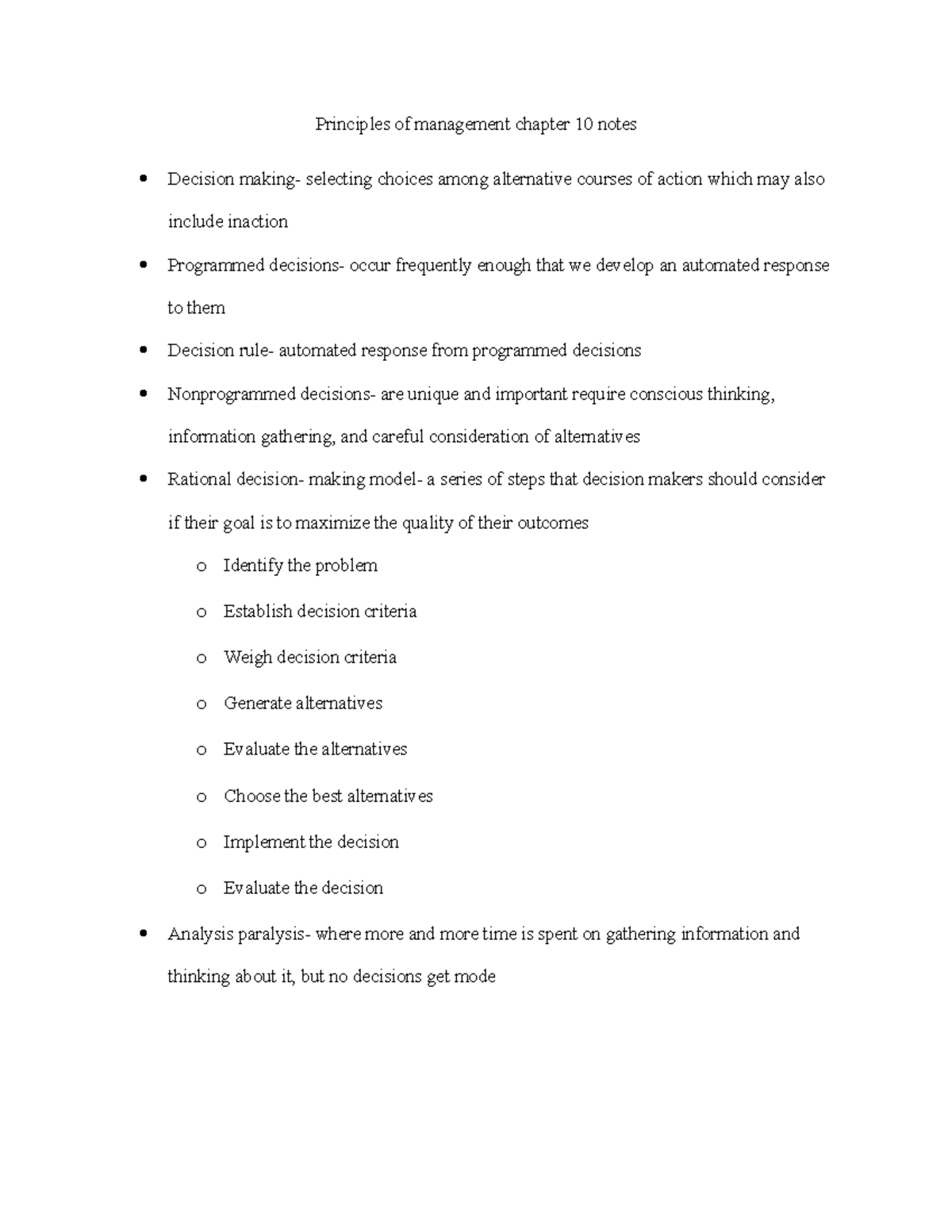 Chapter 10 notes - Principles of management chapter 10 notes Decision ...