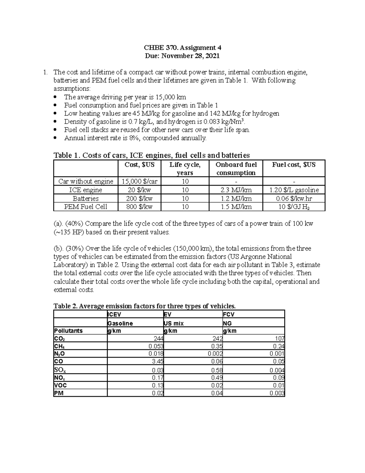 CHBE 370 - assignment 4 - 2021 - CHBE 370. Assignment 4 Due: November 28, 2021 The cost and ...