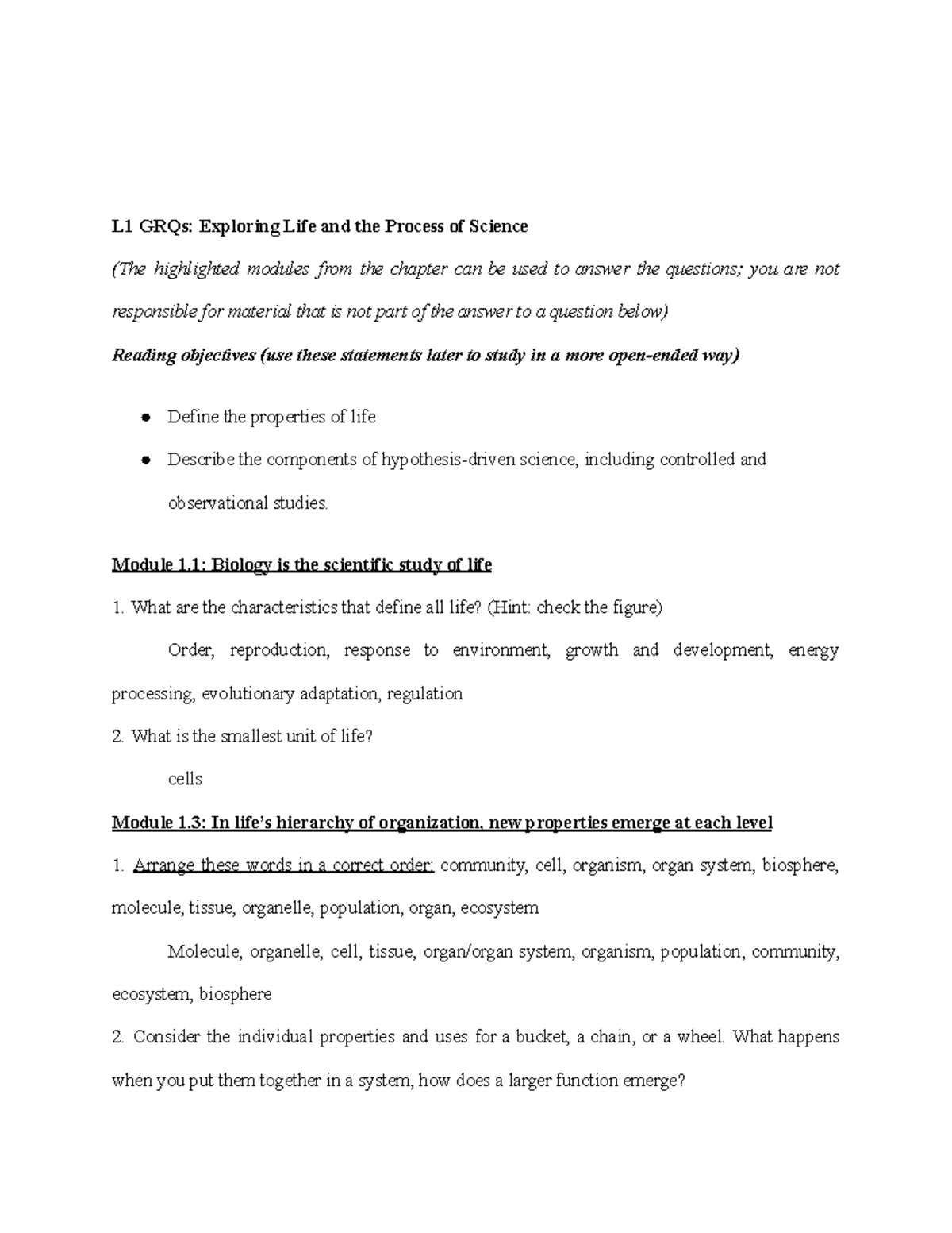 Grq 1 - L1 GRQs: Exploring Life and the Process of Science (The ...