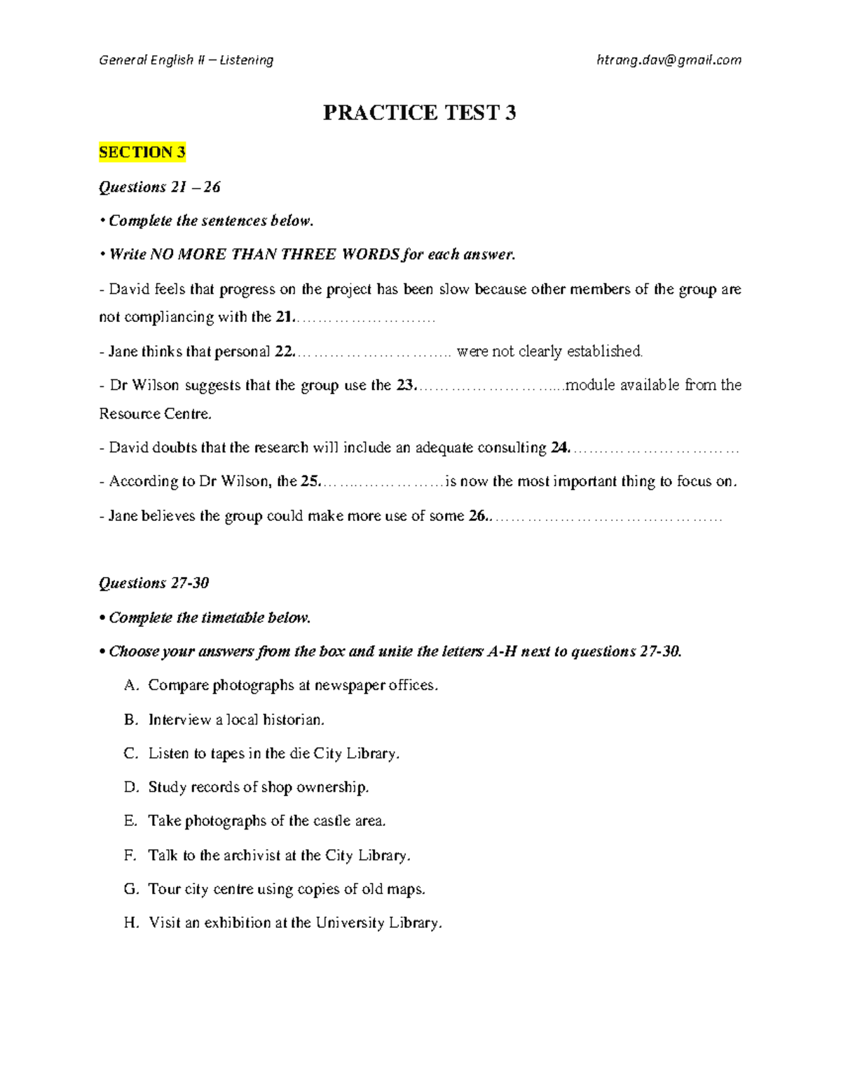General English II Practice Test 3 General English II Listening