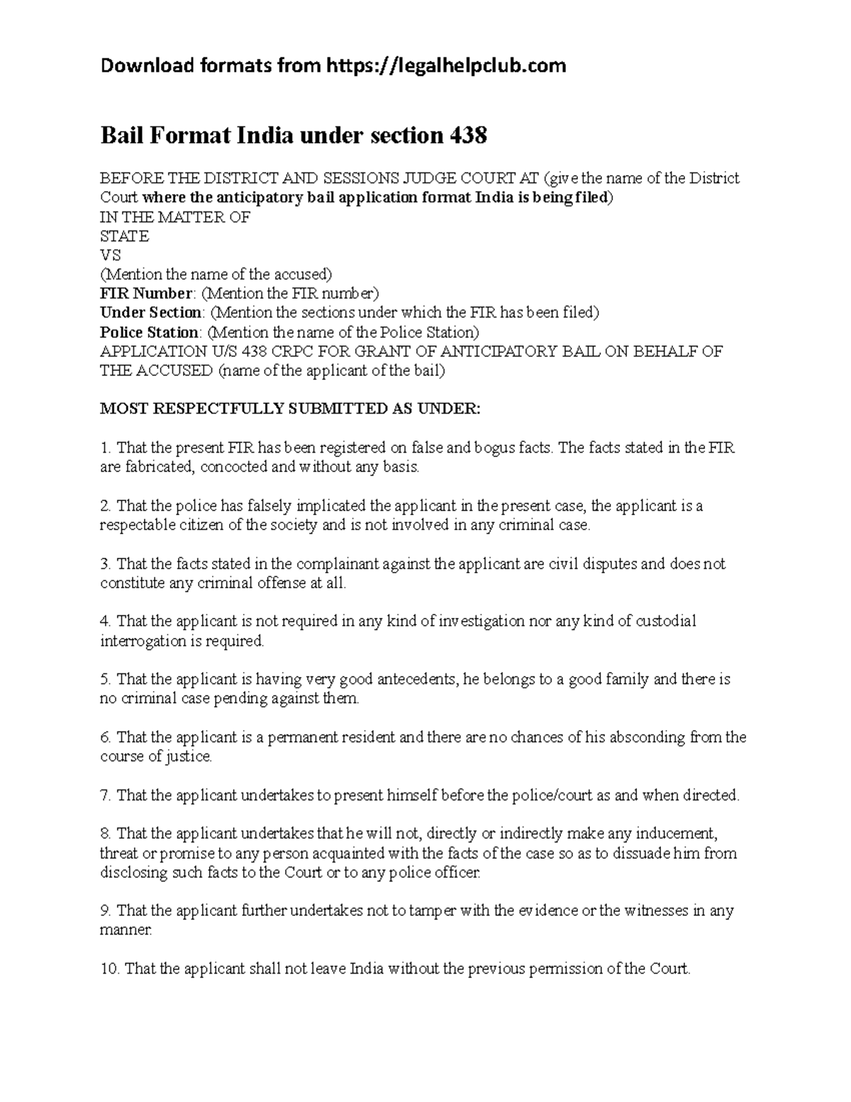 438 - Bail Format India under section 438 - Bail Format India under ...