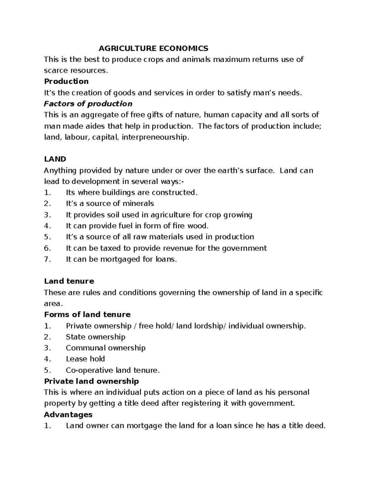 LEC Notes ON Agriculture Economic - AGRICULTURE ECONOMICS This is the ...