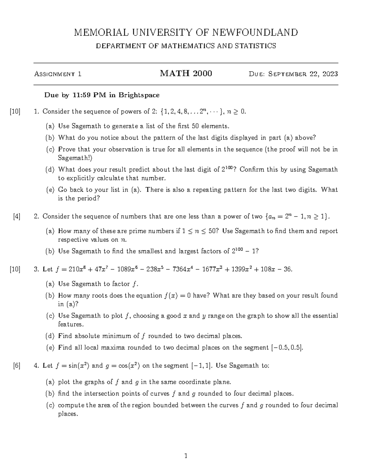 Assignment 1 2000 - MEMORIAL UNIVERSITY OF NEWFOUNDLAND DEPARTMENT OF ...