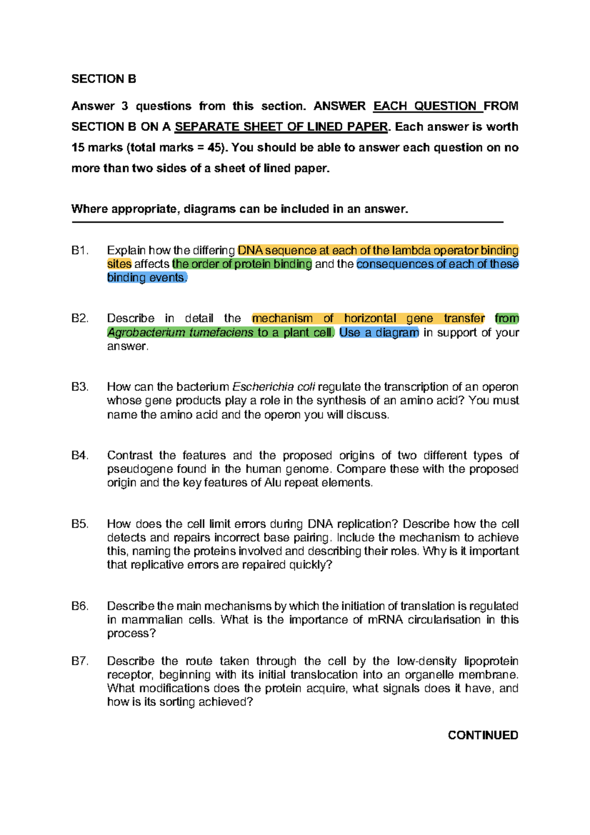 BIOC0005 Section B 18 19 Main paper - SECTION B Answer 3 questions from ...