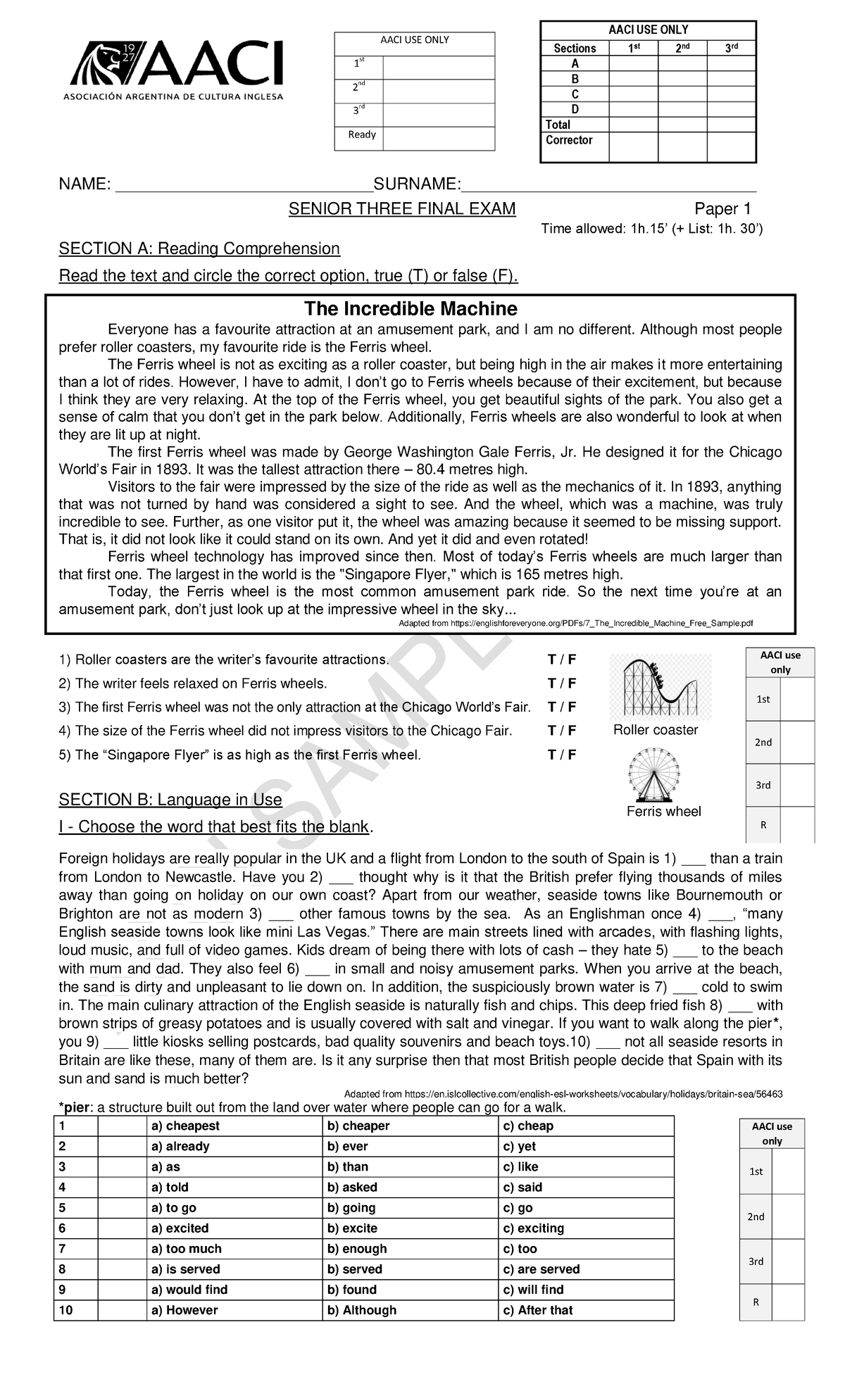 Senior 3 Paper 1 - AACI exam - AACI use only 1st 2nd 3rd R NAME: SURNAME:____ SENIOR THREE FINAL ...