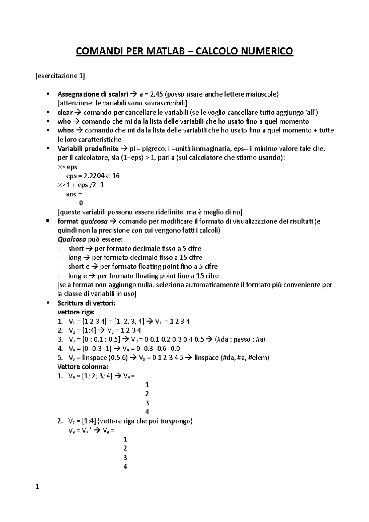 Comandi PER Matlab - COMANDI PER MATLAB – CALCOLO NUMERICO [esercitazione 1] Assegnazione di ...