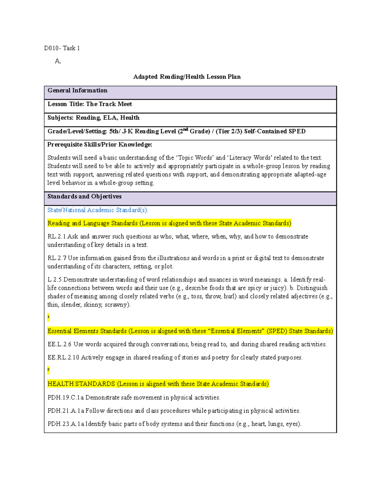 D010 Task 1 Reading-Health Lesson Plan - D010- Task 1 A. Adapted ...