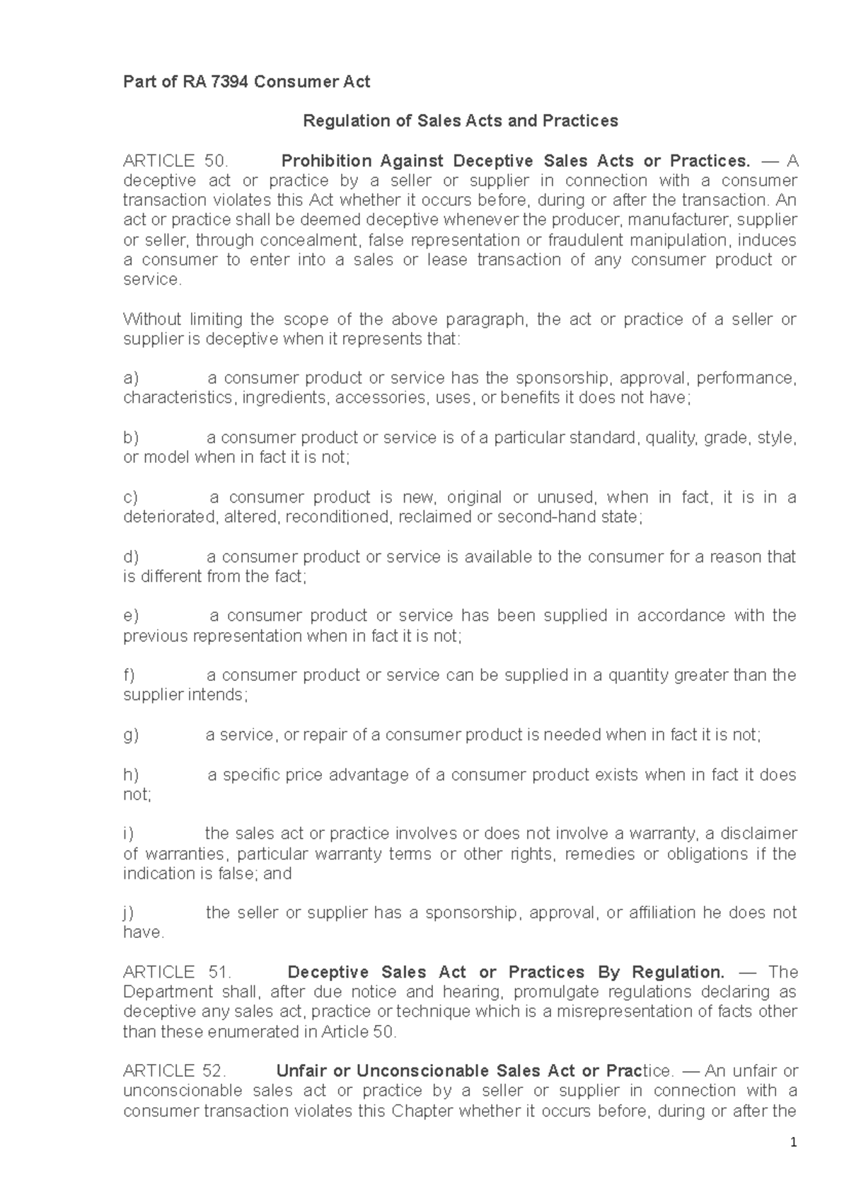 Notes 37- RA.7394 Deceptive Sales Consumer Act - Part of RA 7394 ...