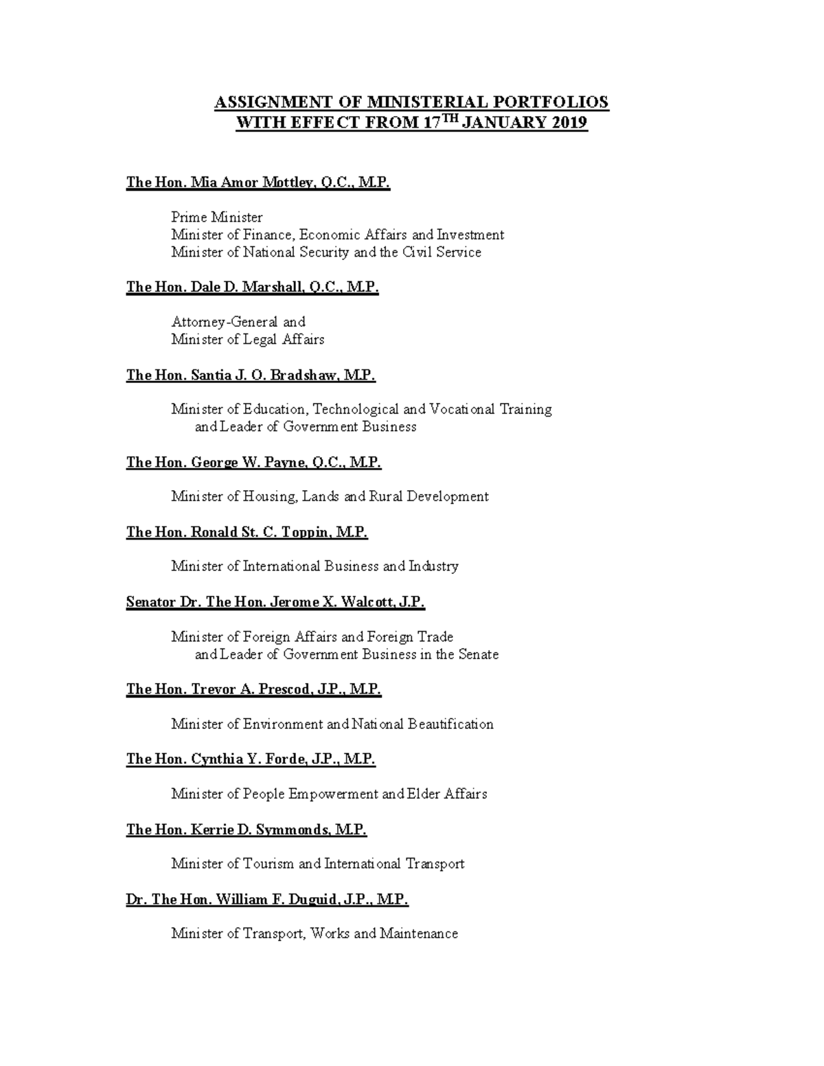 Assignment of Ministers' Portfolios 2019 - ASSIGNMENT OF MINISTERIAL ...