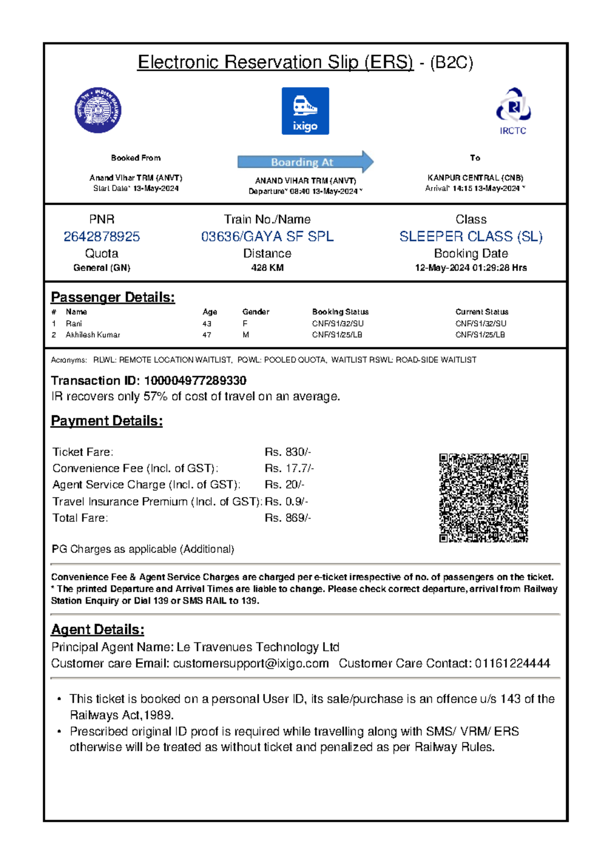 2642878925 - Electronic Reservation Slip (ERS) - (B2C) Booked From ...
