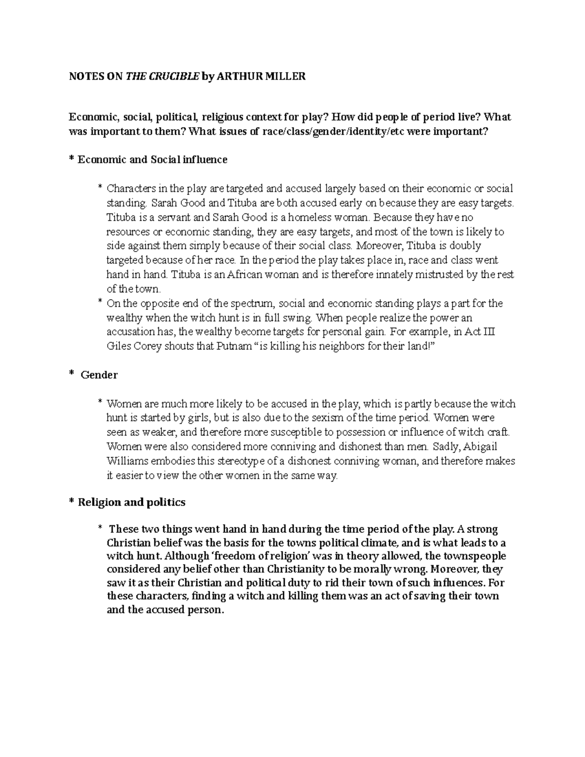 Notes on "The Crucible" by Arthur Miller - **NOTES ON ** THE CRUCIBLE ...