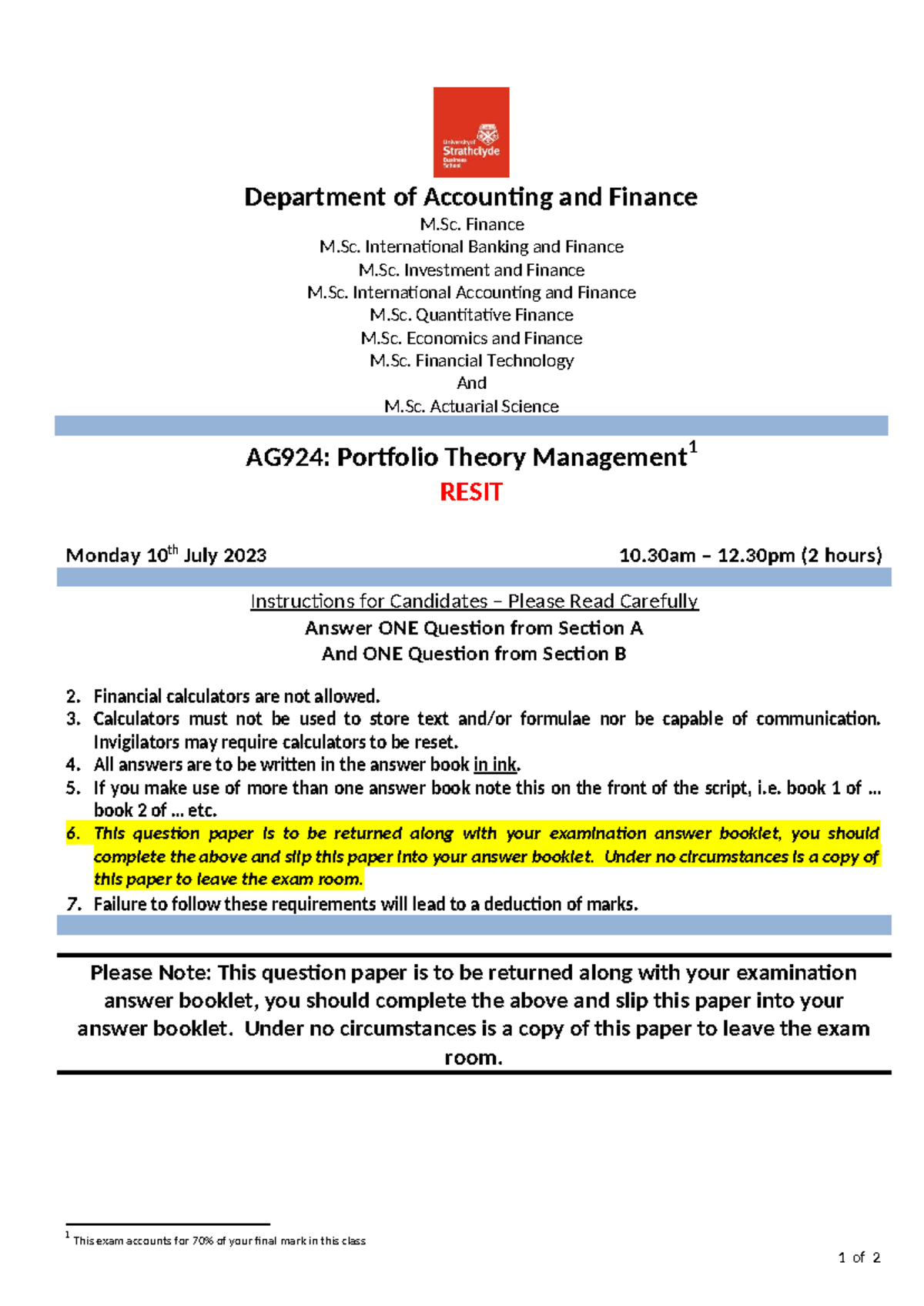 PTM Exam Jun 23 resit - Exam - Department of Accounting and Finance M ...