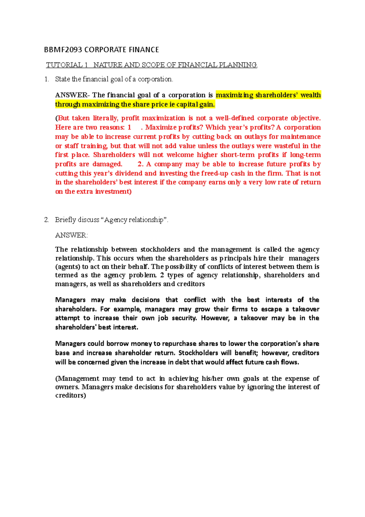 BBMF 2093CF Tutorial 1 - introduction of corporate finance - BBMF2093 ...