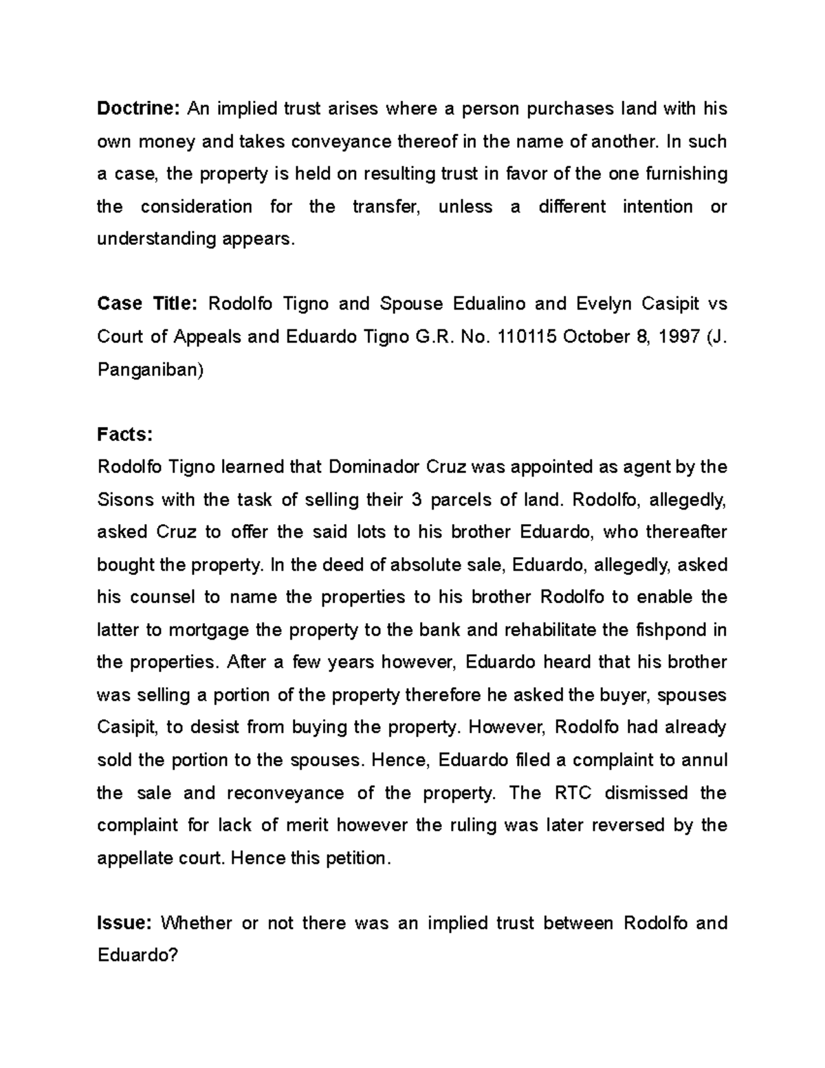 Case Digests Trusts - Summary Juris Doctor - Doctrine: An implied trust arises where a person ...