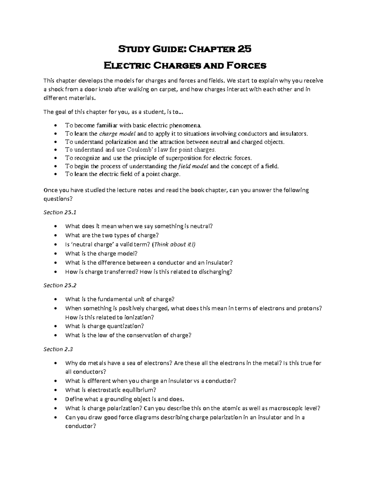 Ch25Study Guide ph 213 2016 - Study Guide: Chapter 25 Electric Charges ...