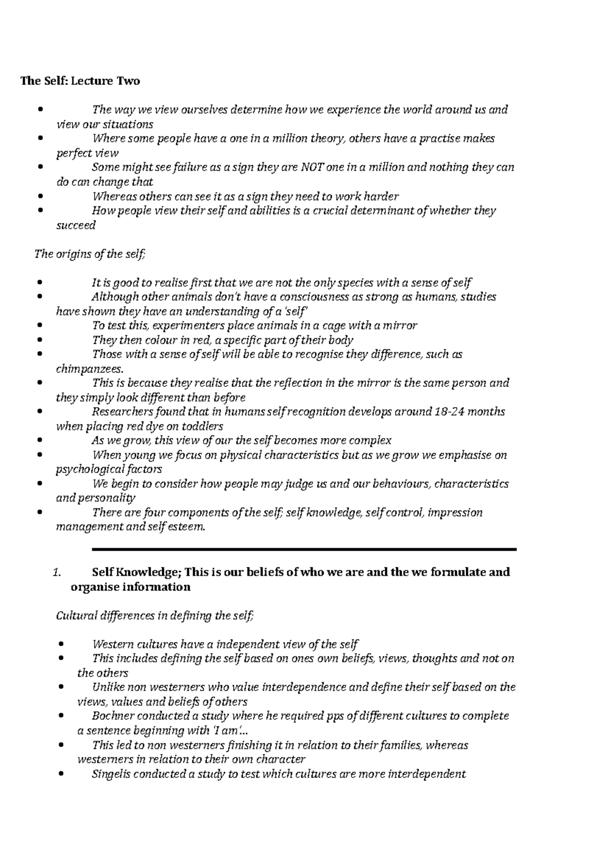 1. The Self - Lecture notes 1 - The Self: Lecture Two The way we view ...