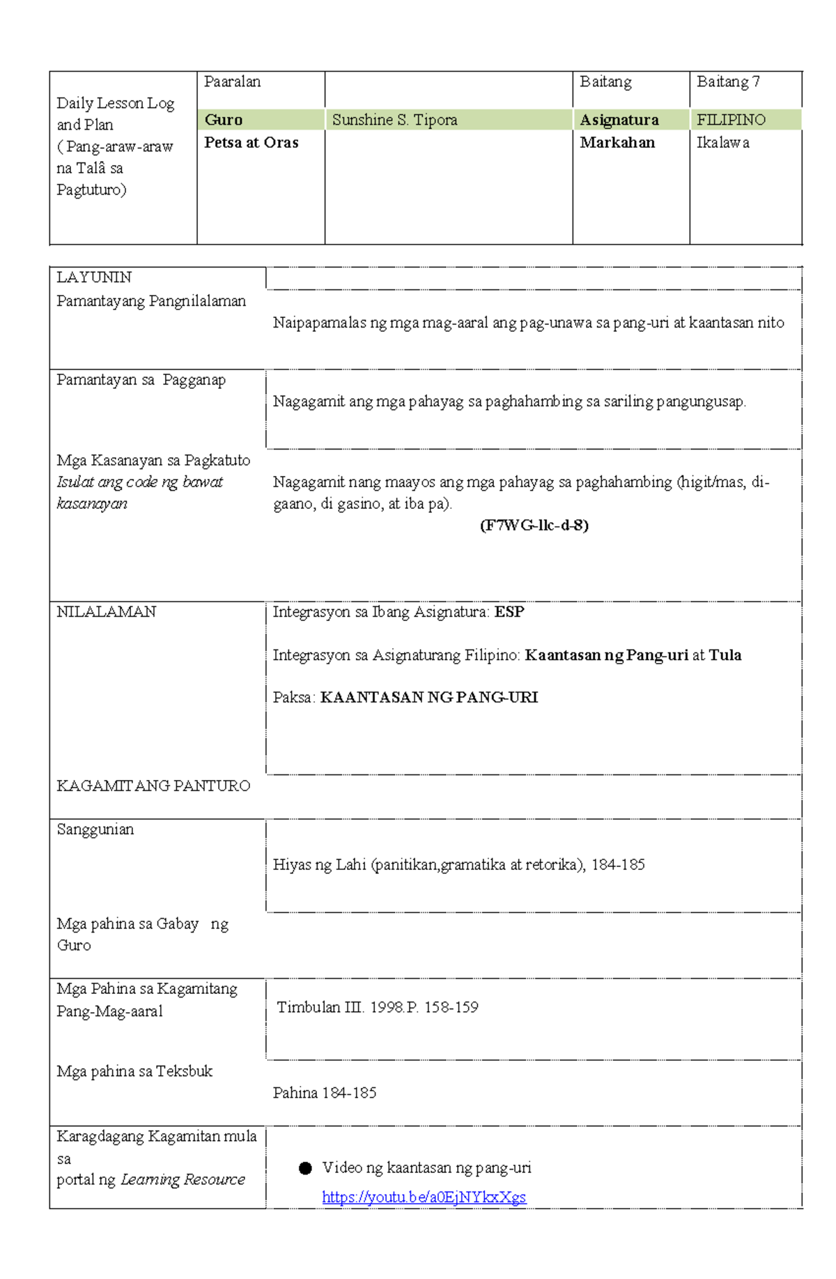 Lesson PLAN in filipino - Daily Lesson Log and Plan ( Pang-araw-araw na Talâ sa Pagtuturo ...